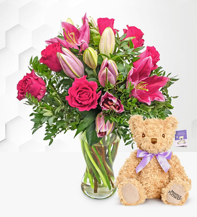 Rose and Lily With Teddy Bear | Prestige Flowers