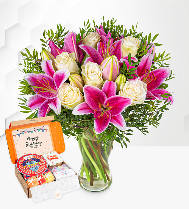 Pink Lilies & Roses Birthday Deluxe Gift | Prestige Flowers